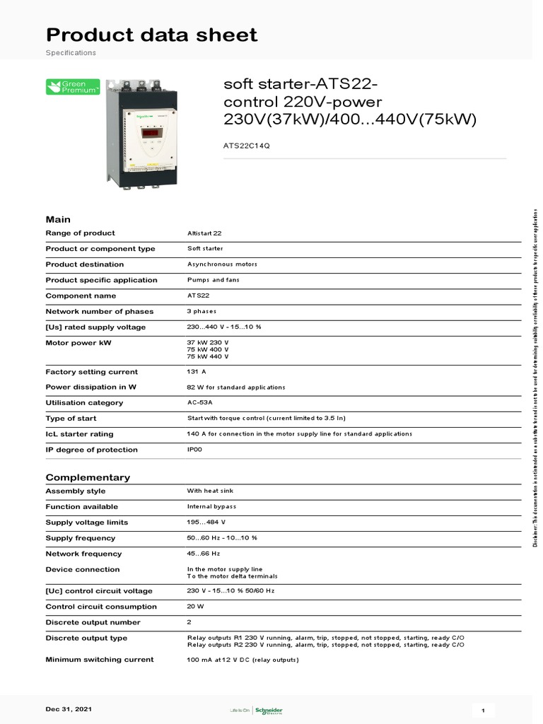 Product Data Sheet: Soft starter-ATS22-control 220v-Power 230V (37kW ...