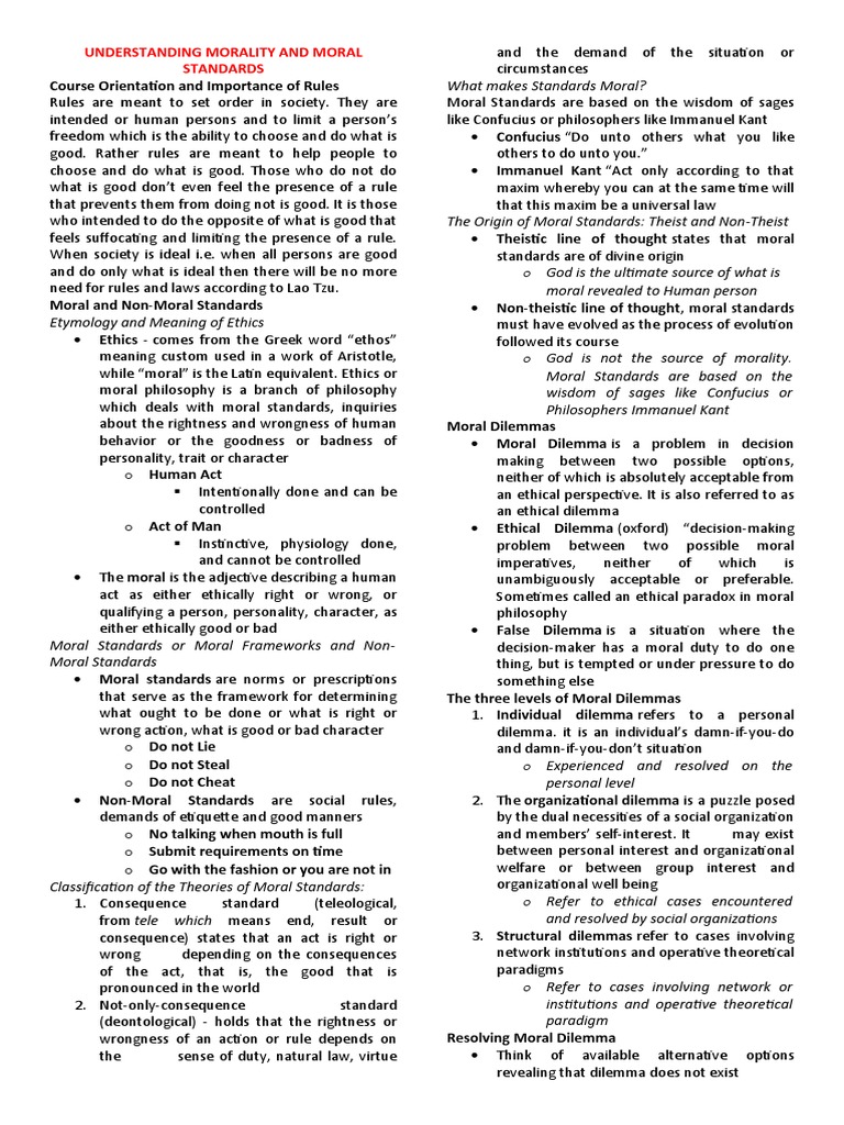 Understanding Morality and Moral Standards: Course Orientation and Importance of Rules | PDF ...