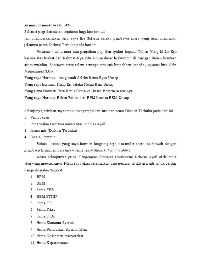 Teks MC Diskusi Terbuka Ormawa | PDF | Karier & Perkembangan | Agama & Spiritualitas