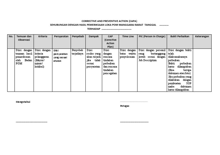 Formulir CAPA Untuk Sarana | PDF