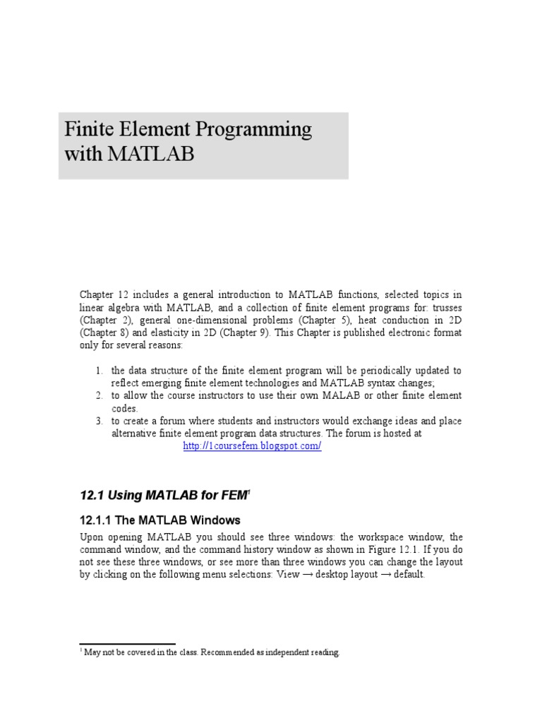 Finite Element Programming With MATLAB: 12.1 Using MATLAB For FEM | PDF | Matrix (Mathematics ...