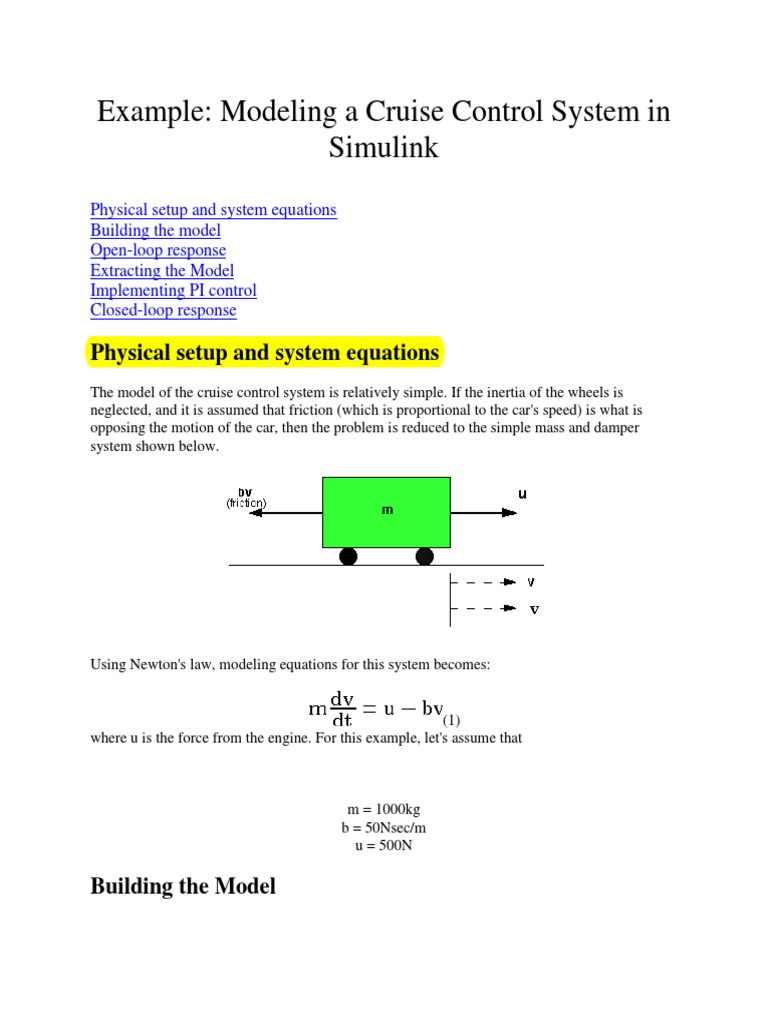 Example: Modeling A Cruise Control System in Simulink: Physical Setup and System Equations ...