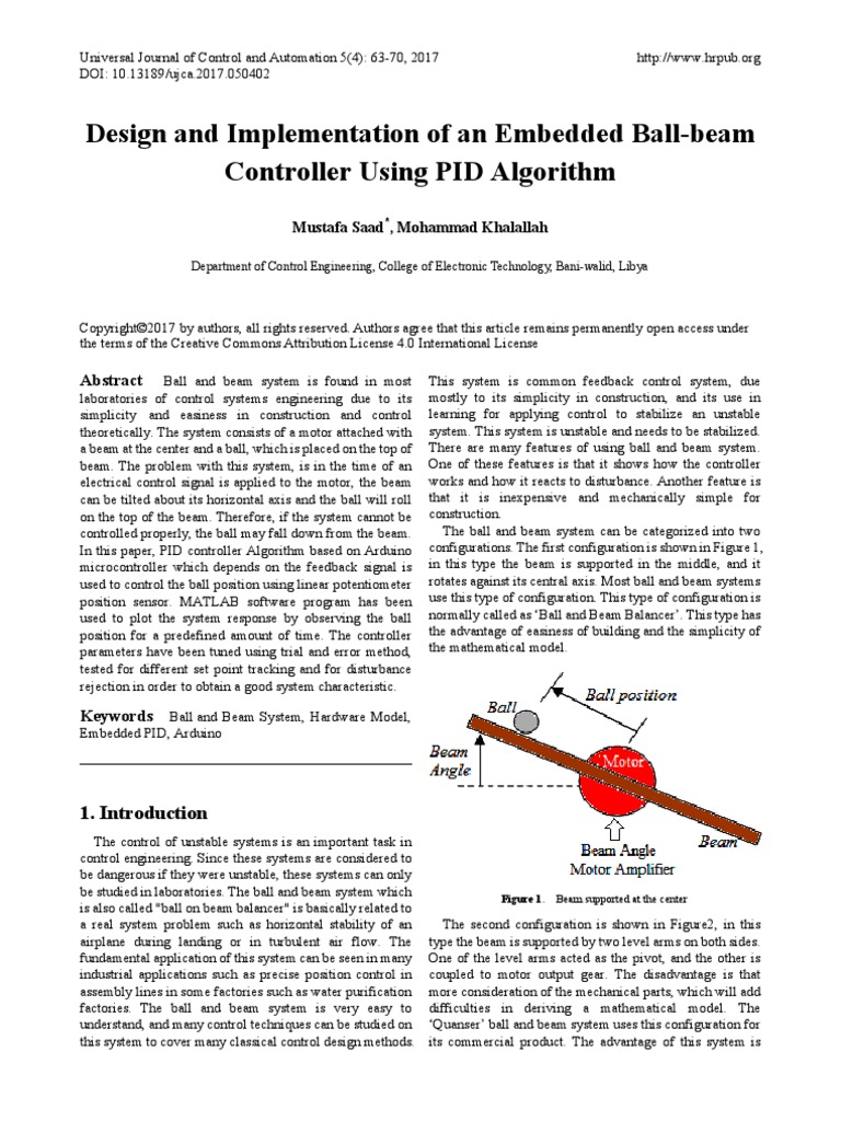 Design and Implementation of An Embedded Ball-Beam Controller Using PID Algorithm | PDF ...