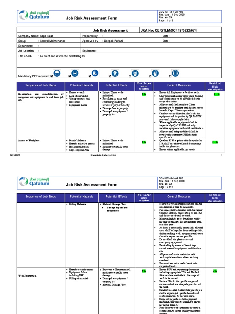 Job Risk Assessment for Scaffolding | PDF | Risk | Scaffolding
