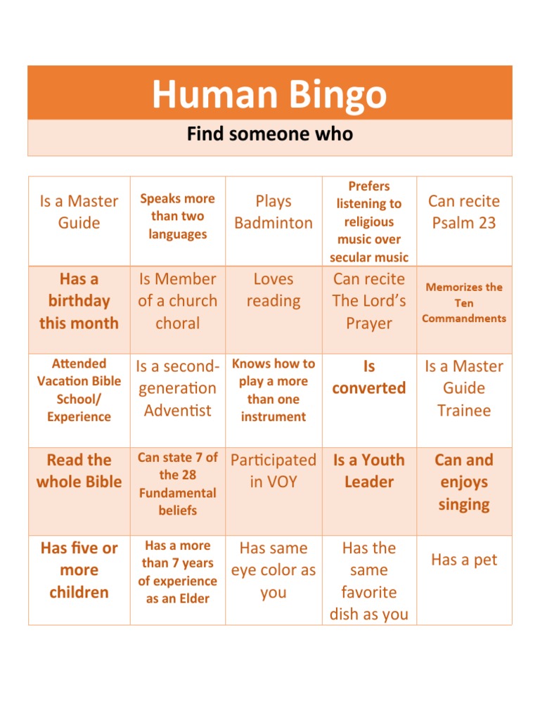 Human Bingo: Find Someone Who | PDF | Psalms | Seventh Day Adventist Church