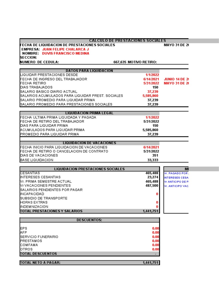 Formato Liquidación de Prestaciones Sociales | PDF | Salario | Desempleo