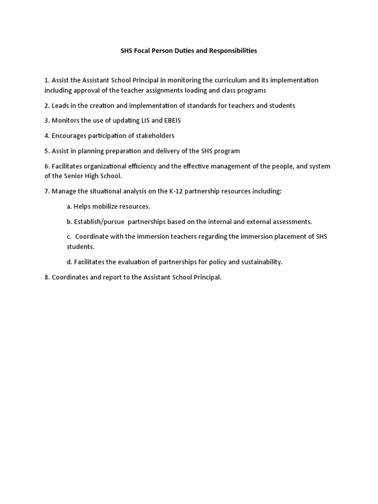 SHS Focal Person Duties and Responsibilities | PDF