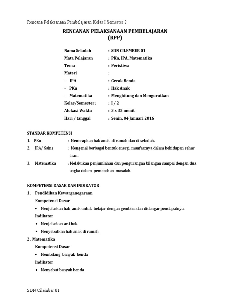 RPP Contoh Kelas 1 | PDF