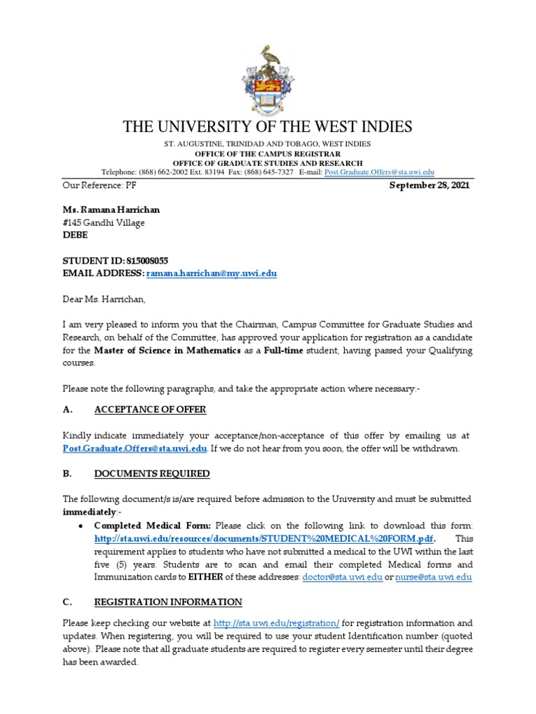 UWI MSc Mathematics Admission Offer | PDF | Identity Document | Fee