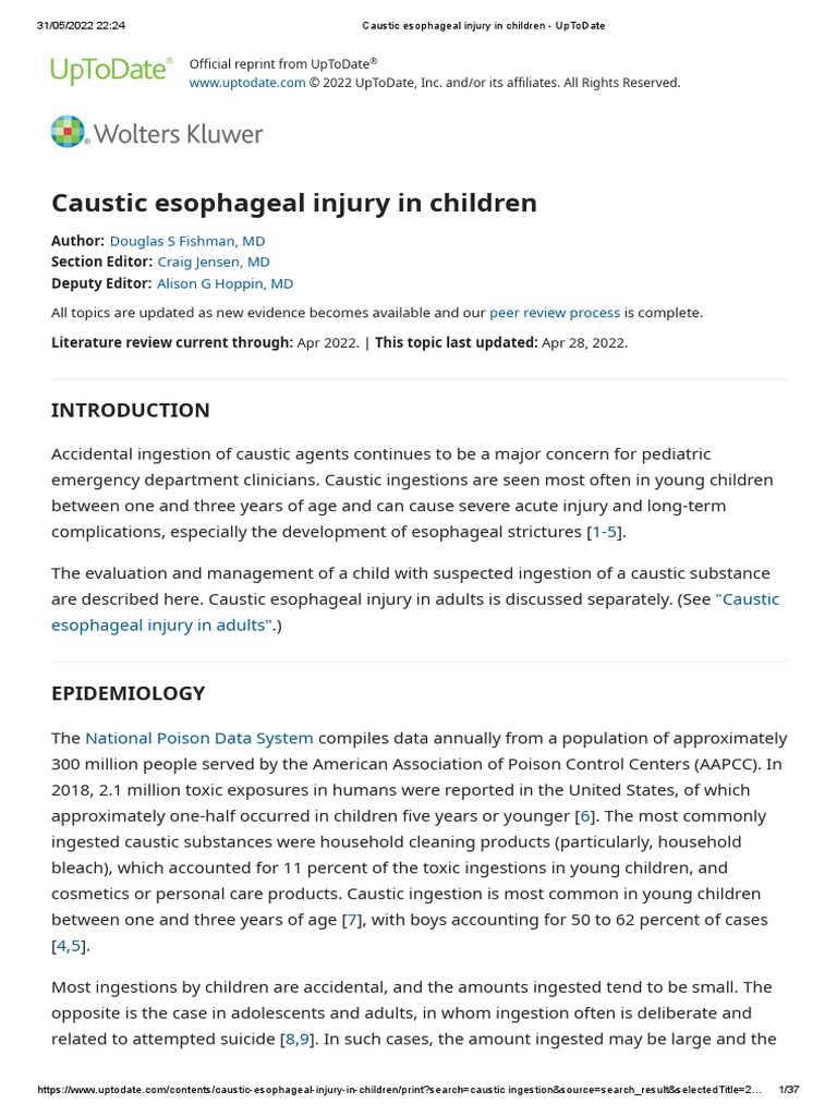 Caustic Esophageal Injury in Children: Douglas S Fishman, MD Craig ...
