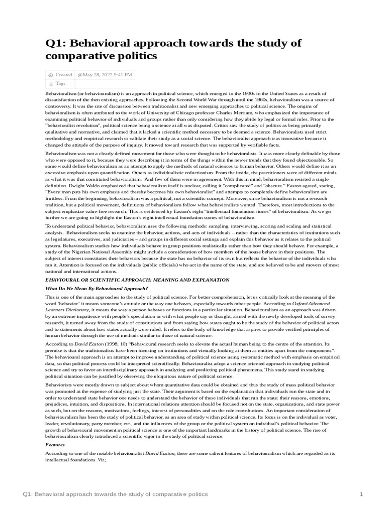 Behavioral Approach in Comparative Politics | PDF