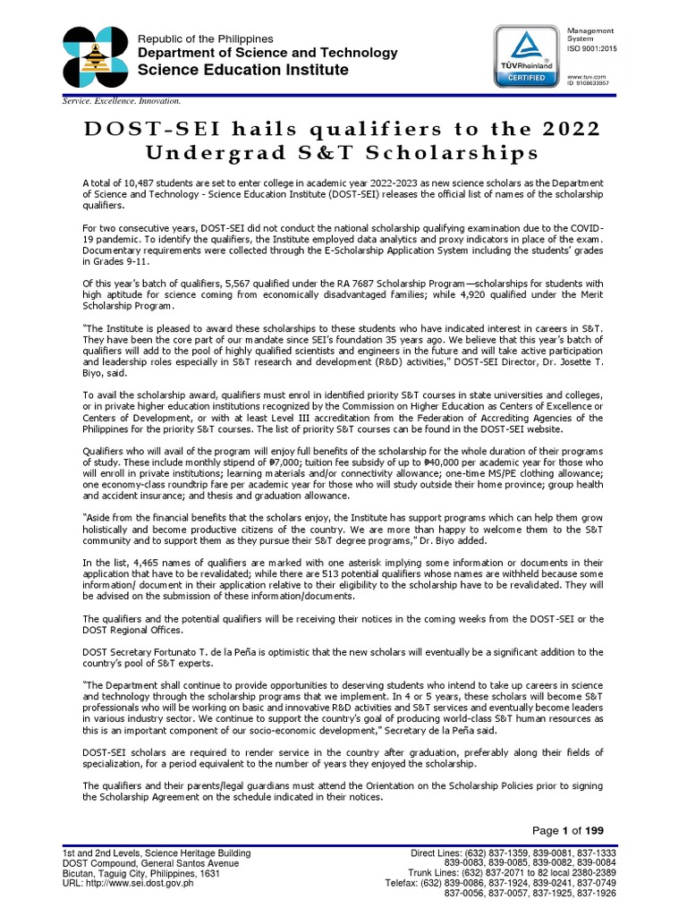 DOST Scholarship Exam Results | PDF | Science | Academia
