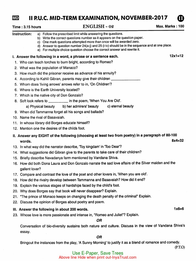2nd Puc English Midterm Question Paper Nov2017 | PDF