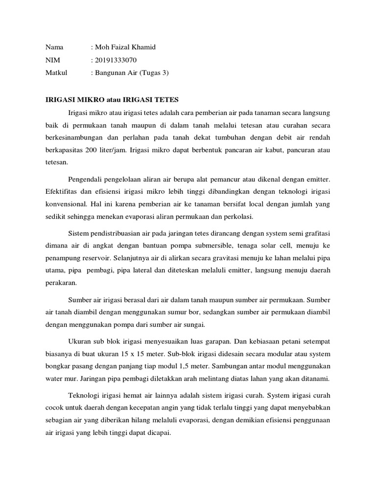 Resume Irigasi Mikro Atau Tetes | PDF