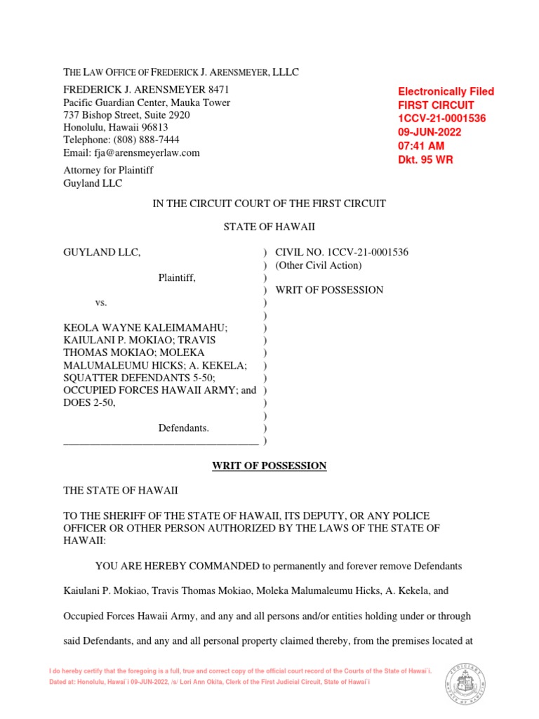 Writ of Possession in Favor of Guyland LLC | PDF | Hawaii | Writ