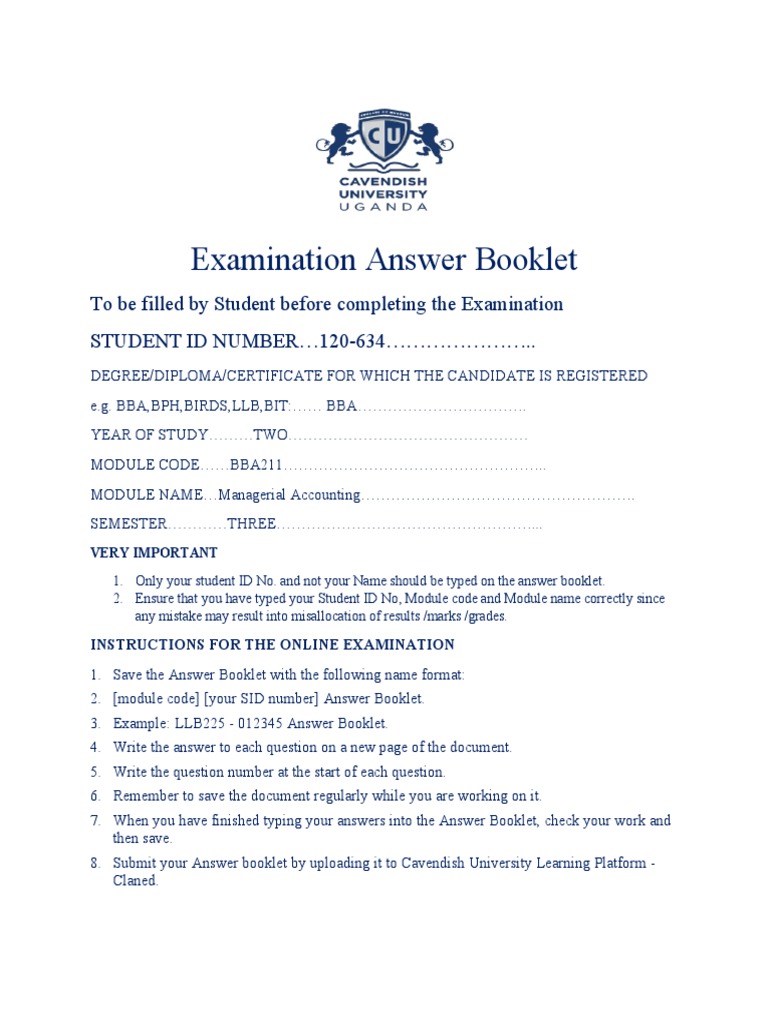Examination Answer Booklet: To Be Filled by Student Before Completing ...