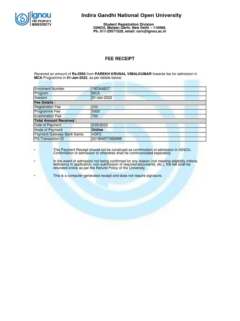 IGNOU MCA Admission Fee Receipt | PDF | Finance & Money Management