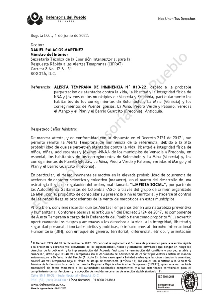 Alerta Temprana de Inminencia #013-22 | PDF | Bogotá