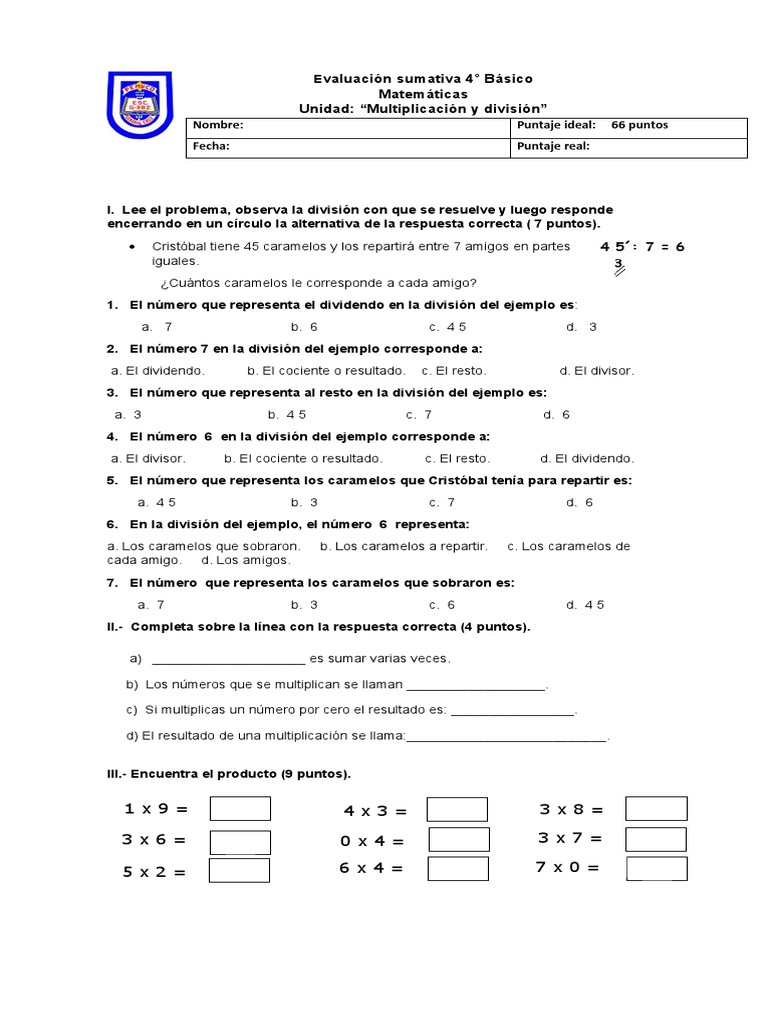 Prueba Multiplicacion y Division 4 Basico | PDF | División (Matemáticas ...