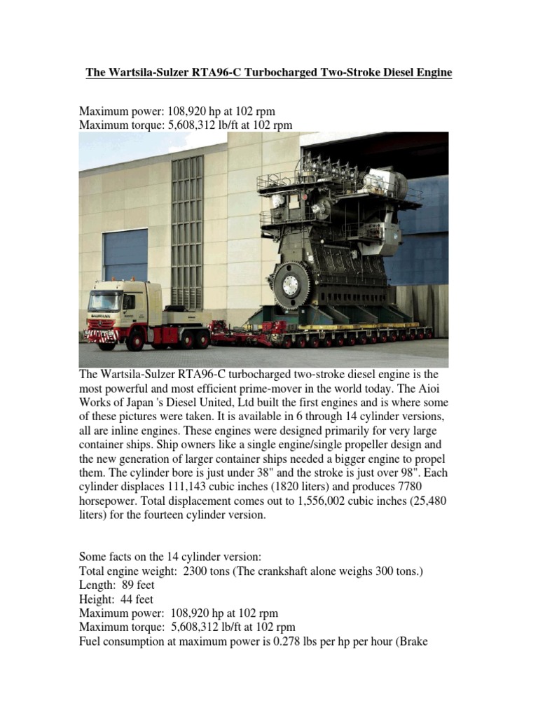 The Wartsila-Sulzer RTA96-C Turbocharged Two-Stroke Diesel Engine | PDF ...