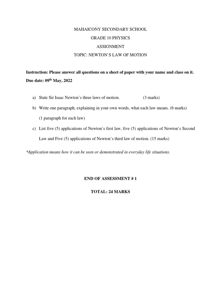 Grade 10 Physics: Newton's Laws Assignment | PDF