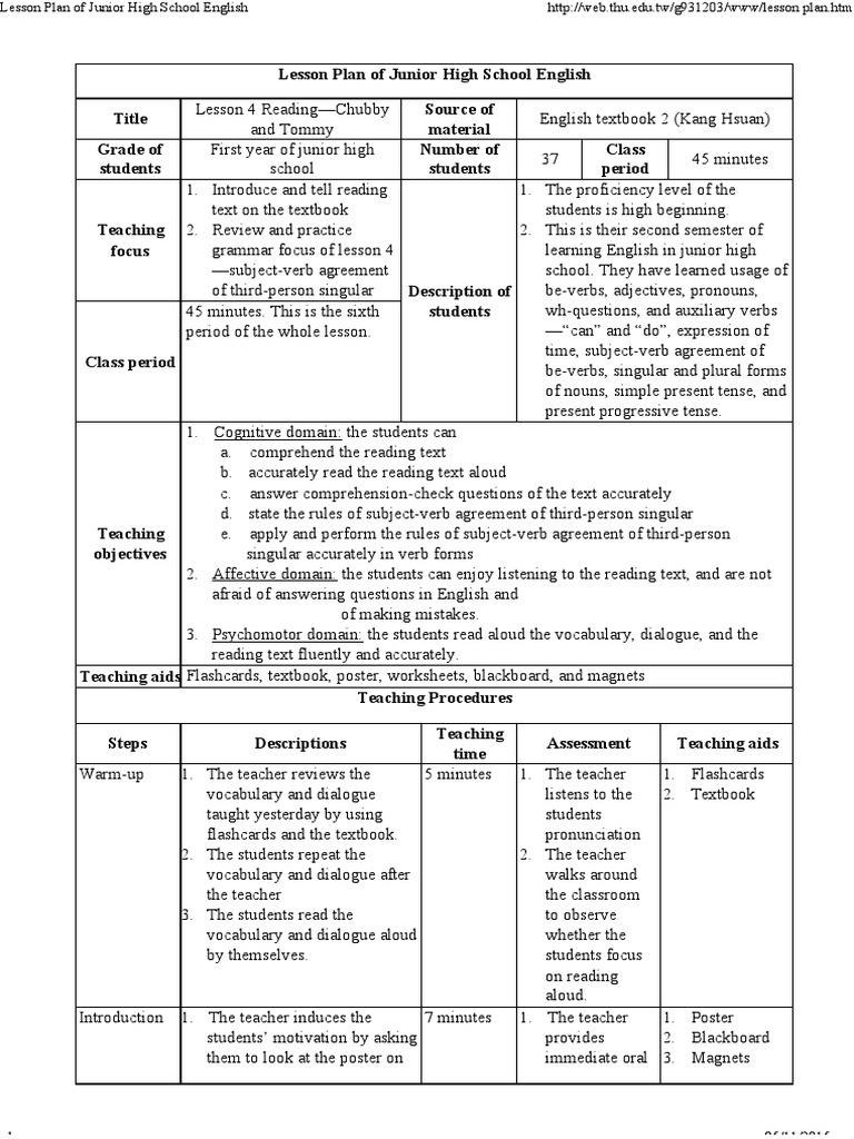 Junior High English Lesson Plan | PDF | Teachers | English Language