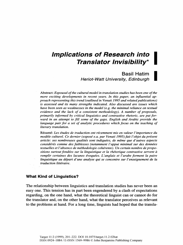 Implications of Research Into Translator Invisibility : Basil Hatim ...
