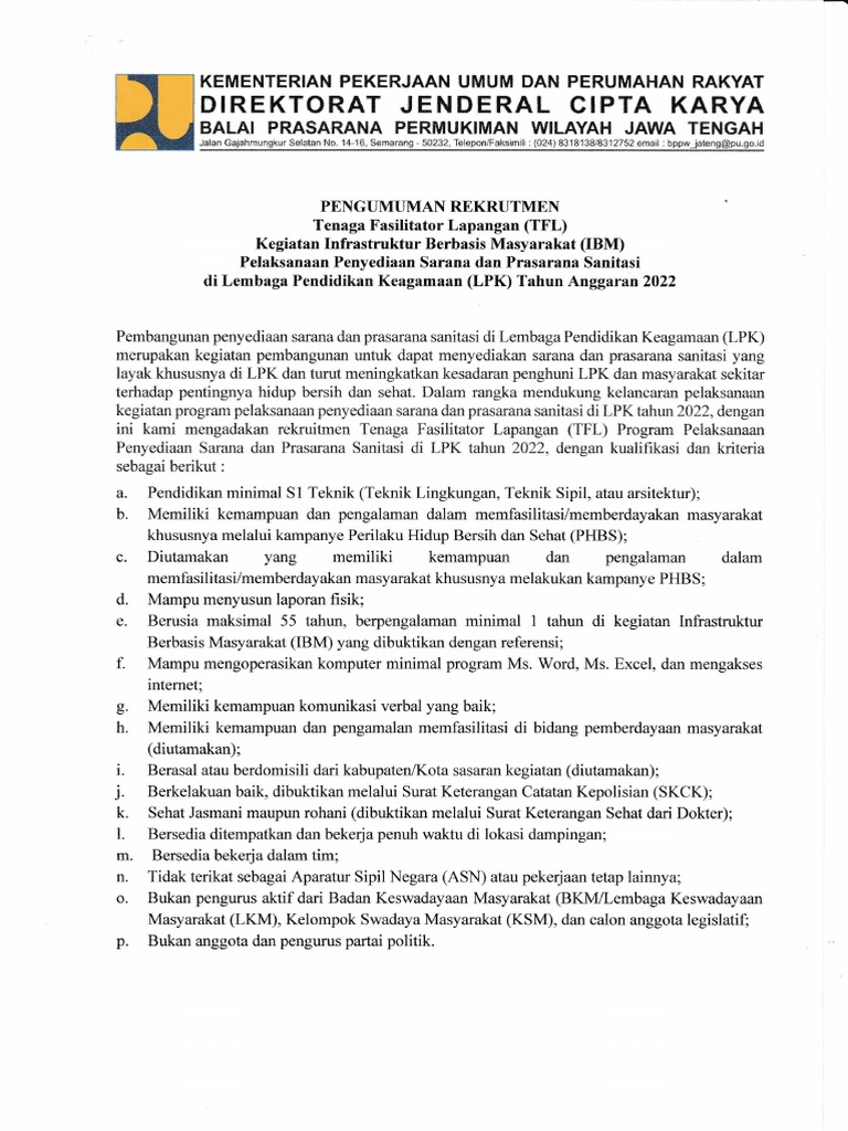 REKRUTMEN TENAGA FASILITATOR LAPANGAN SANITASI LPK | PDF
