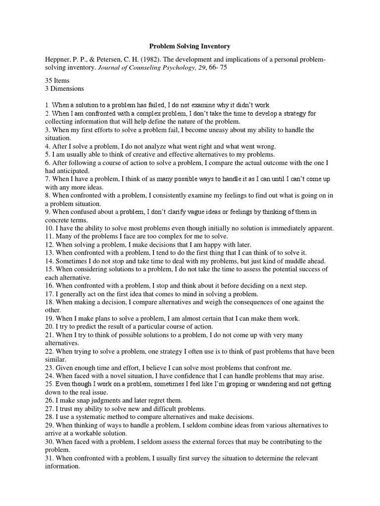 Problem Solving Inventory | PDF | Psychological Concepts | Social ...