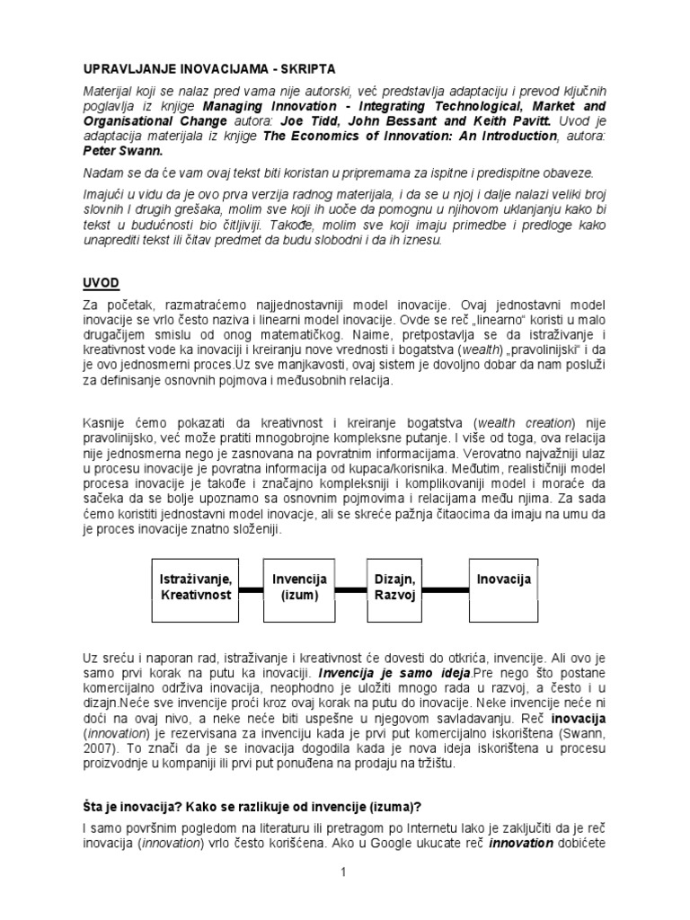 Inovacije U Preduzecu 2018 - Skripta Deo I | PDF