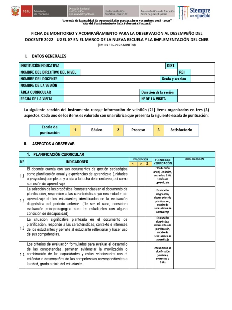 28 Abril Ficha de Monitoreo y Observación Al Desempeño Del Docente en El Aula 2022 | PDF ...