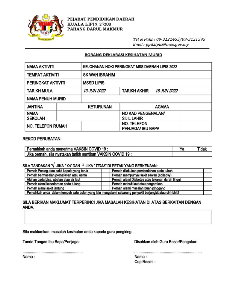 Borang Deklarasi Kesihatan Murid | PDF