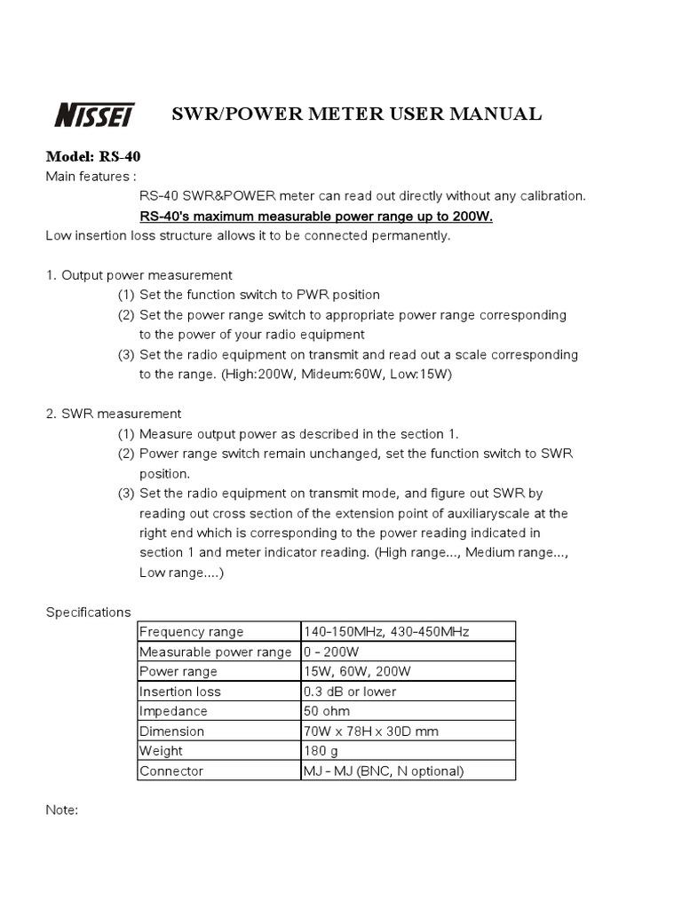 Swr/Power Meter User Manual: Model: RS-40 | PDF