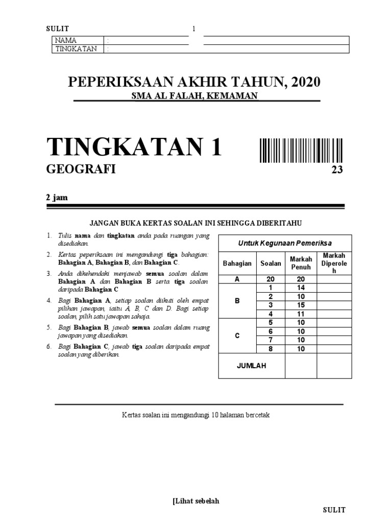 Soalan Pat t1 2020 Bahagian A | PDF