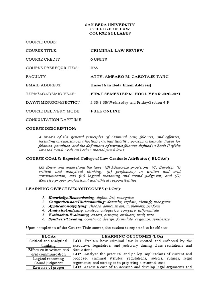 Criminal Law Review Syllabus 2020-2021 | PDF | Mens Rea | Test (Assessment)