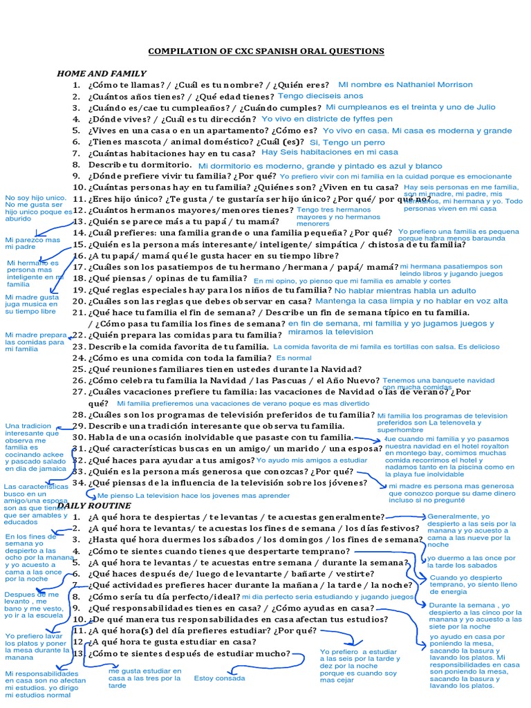 Compilation of CXC Spanish Oral Questions | PDF | Navidad