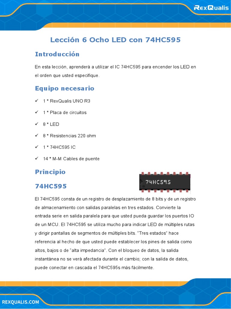 Lección 6 Ocho LED Con 74HC595 | PDF | Arduino | Diodo emisor de luz
