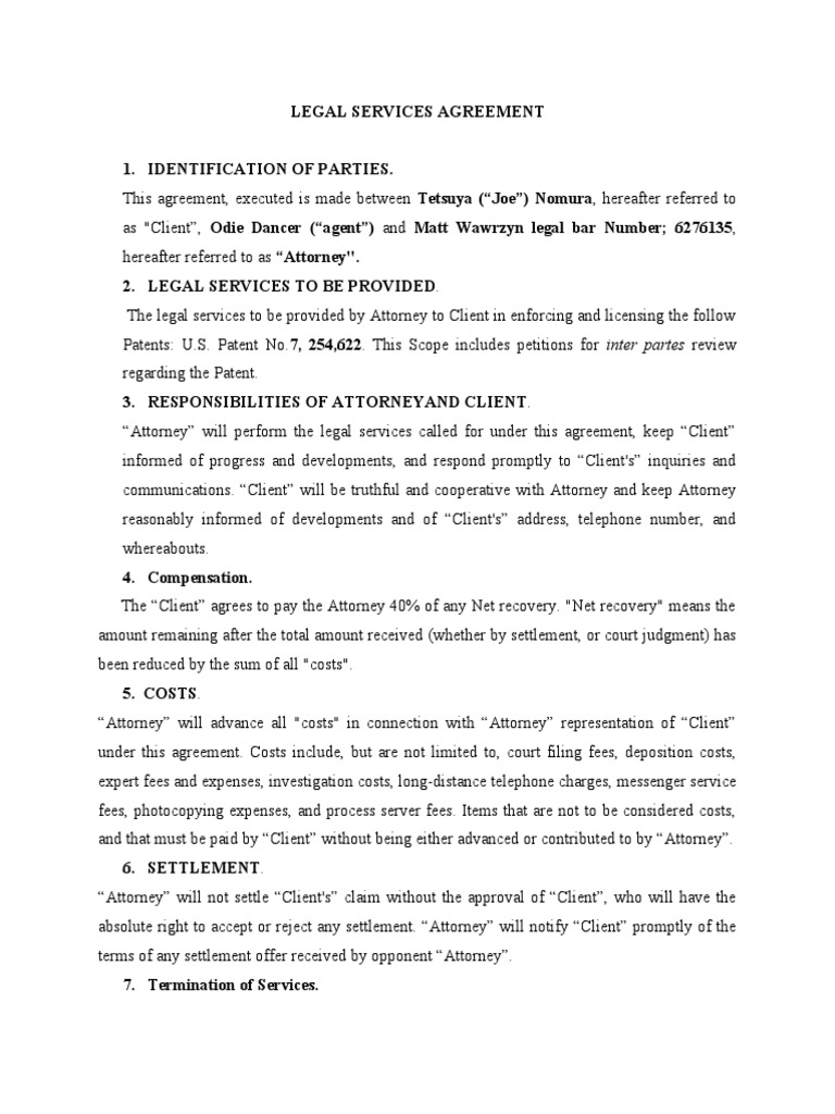 Legal Services Agreement for Patent Enforcement | PDF | Lawyer | Patent