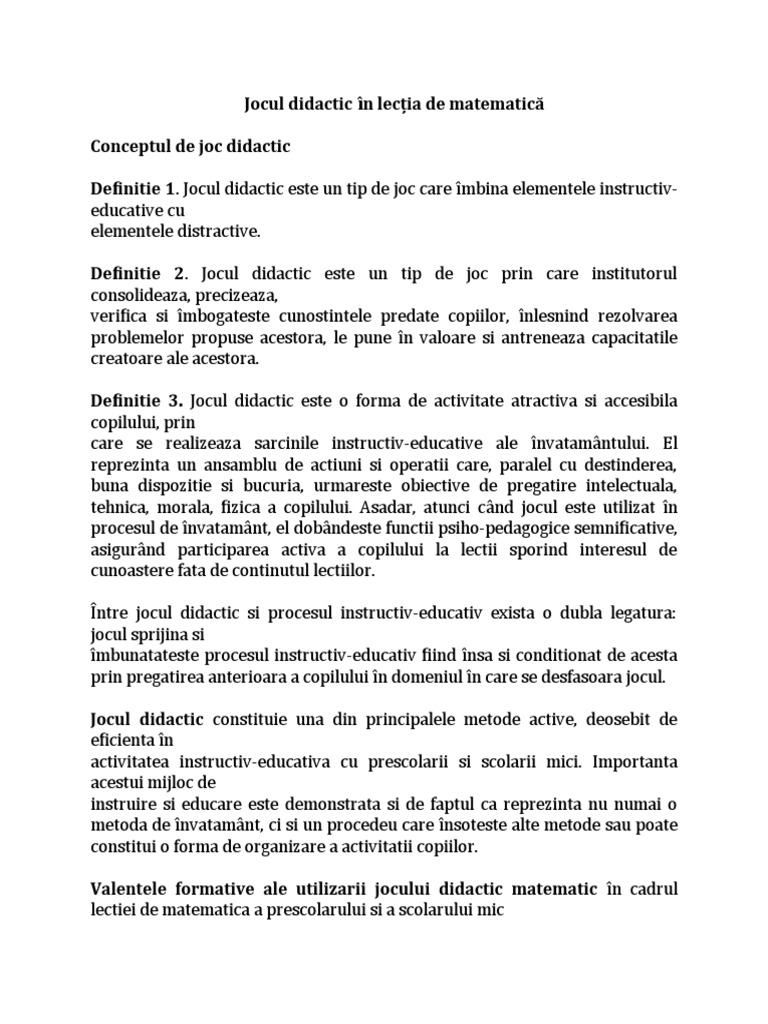 Jocul Didactic in Lectia de Matematica | PDF