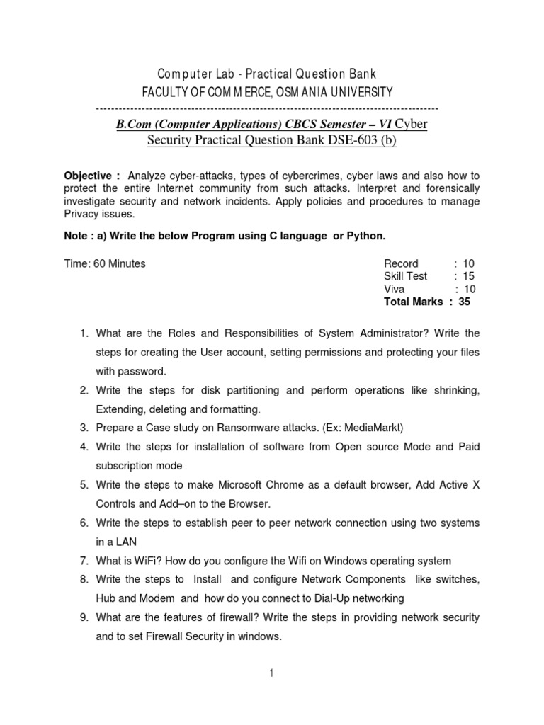 Osmania University Cyber Security Practical Question Bank | PDF ...