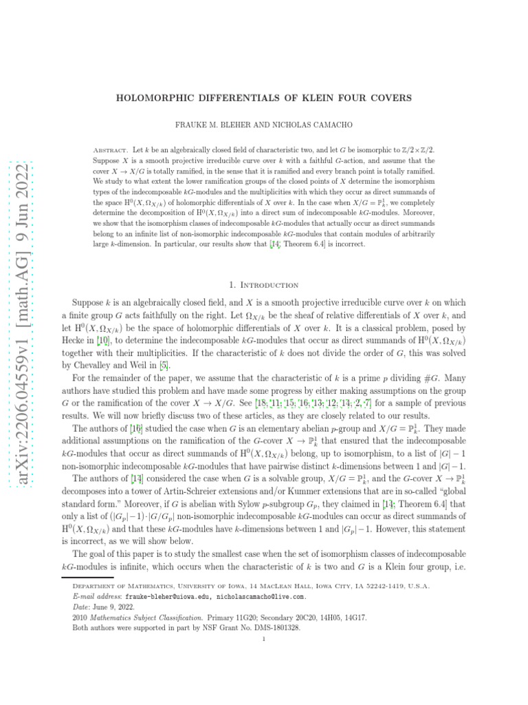 Holomorphic Differentials of Klein Four Covers | PDF | Field ...