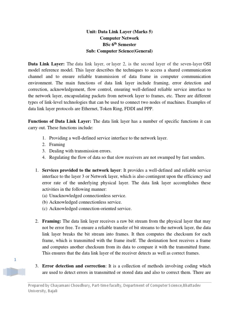 Unit Data Link Layer Marks 5 Computer Network Bsc 6 Semester Sub Computer Science General