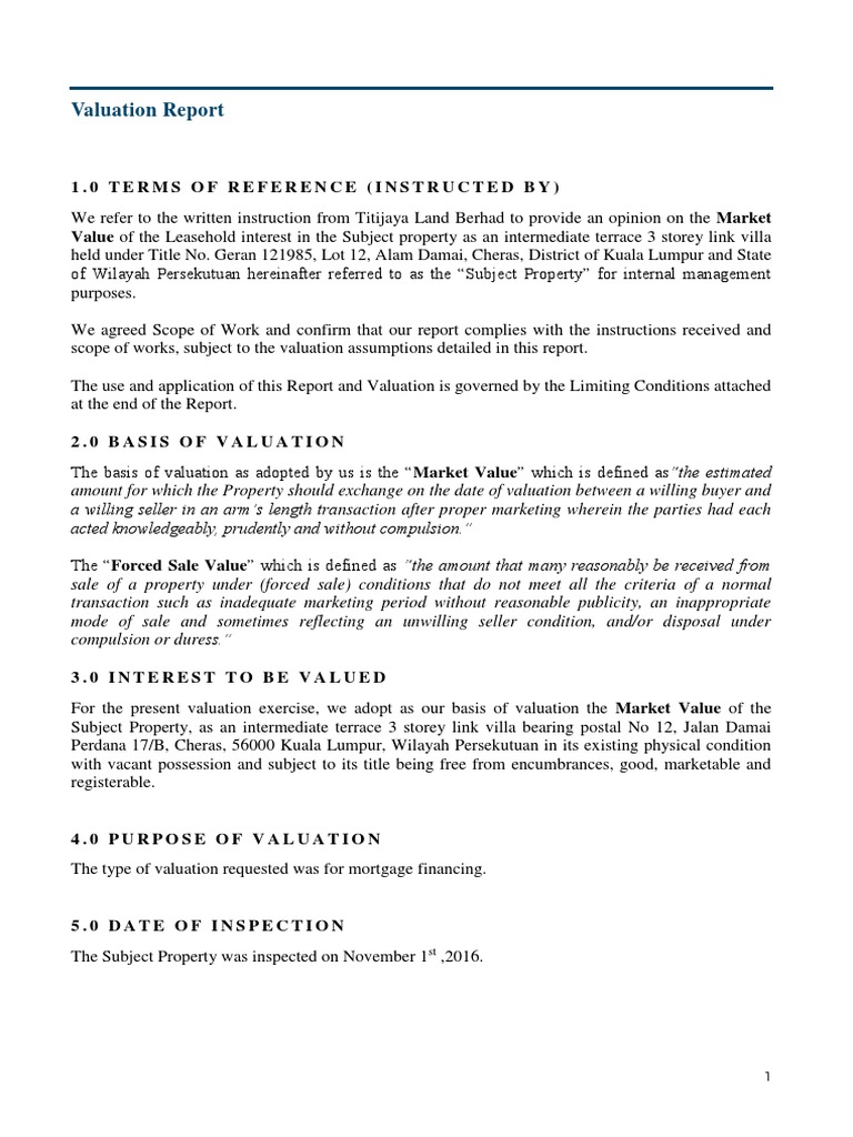 Example Valuation - Report M'Sia | PDF | Real Estate Appraisal ...