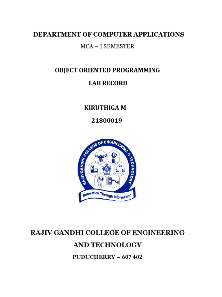 Object Oriented Programming Lab Record Kiruthiga M 21800019: Department ...