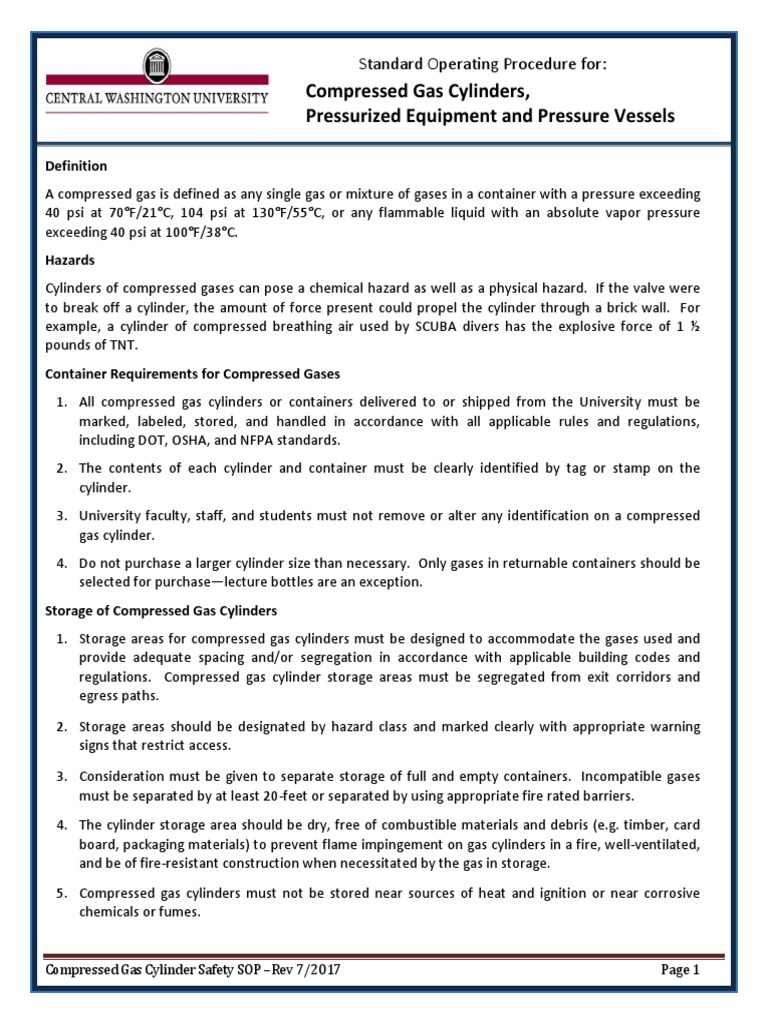 Compressed Gas Cylinder Safety SOP | Download Free PDF | Valve | Gases