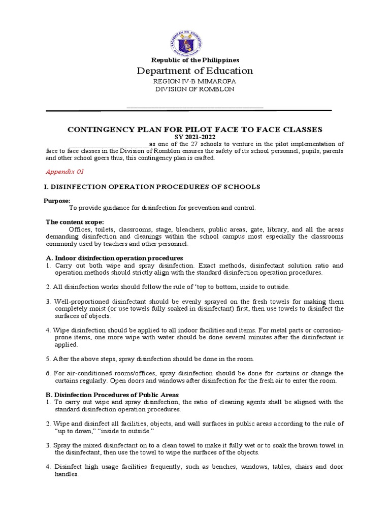 Department of Education: Contingency Plan For Pilot Face To Face ...
