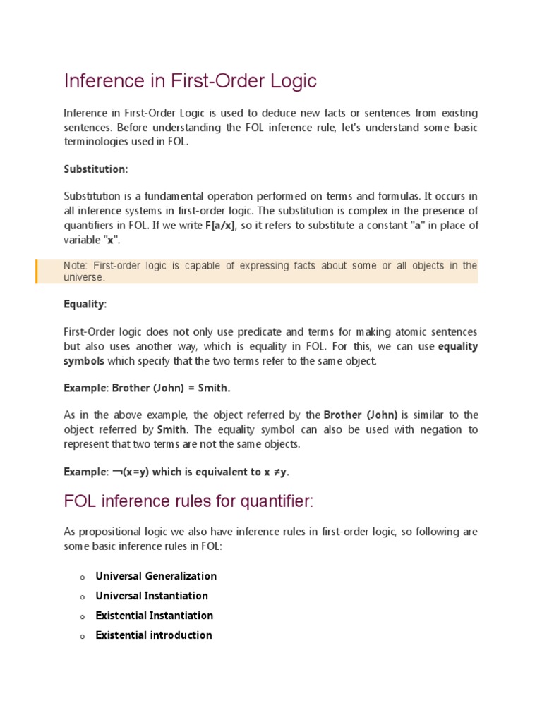 Inference in First-Order Logic: FOL Inference Rules For Quantifier | Download Free PDF | First ...