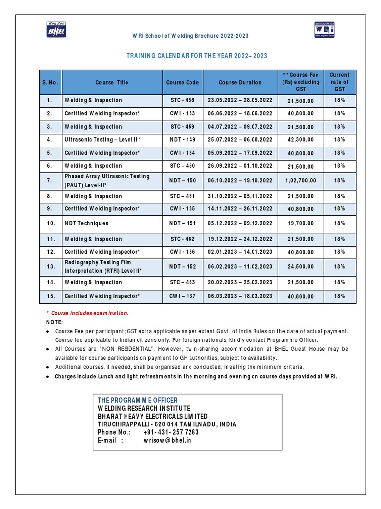 WRI Course Calendar 2022-23 | PDF | Nondestructive Testing | Mechanical ...