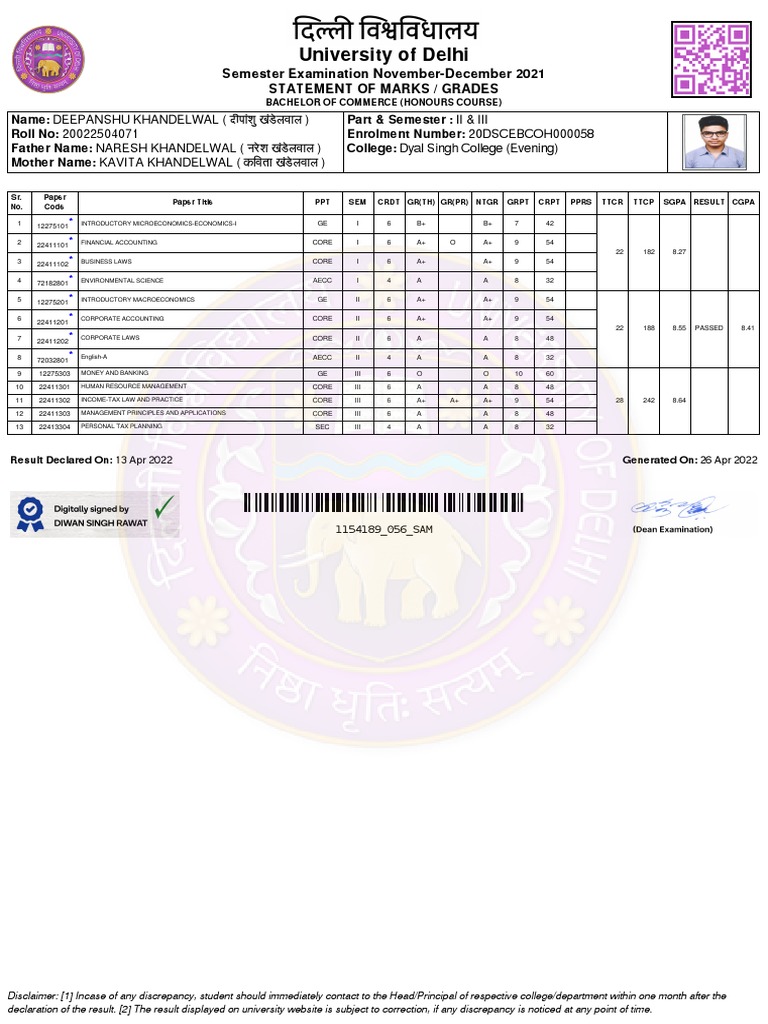 University of Delhi: Semester Examination November-December 2021 ...