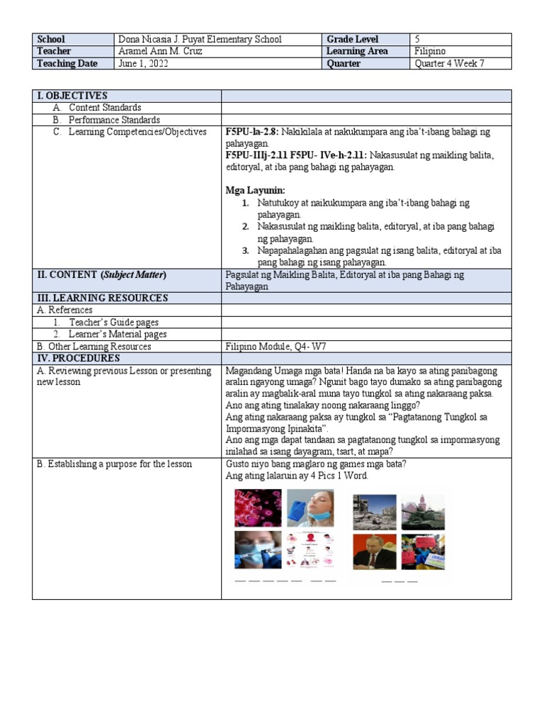 FILIPINO Grade5 Week7 DLP | PDF